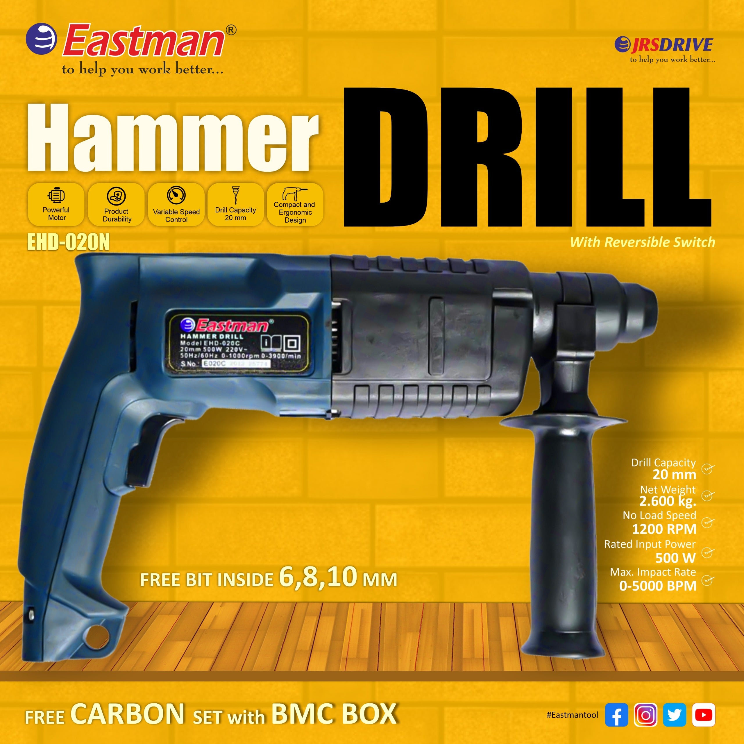 Buy Hammer Drill Machine | 500W | 1000 RPM | Drill Capacity 20mm | EHD ...